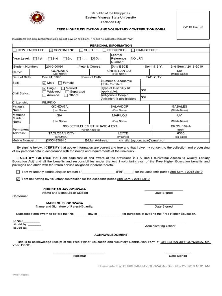 Free Education Form For 2010-00091 SEM 2 SY 2018-2019 PDF | PDF ...