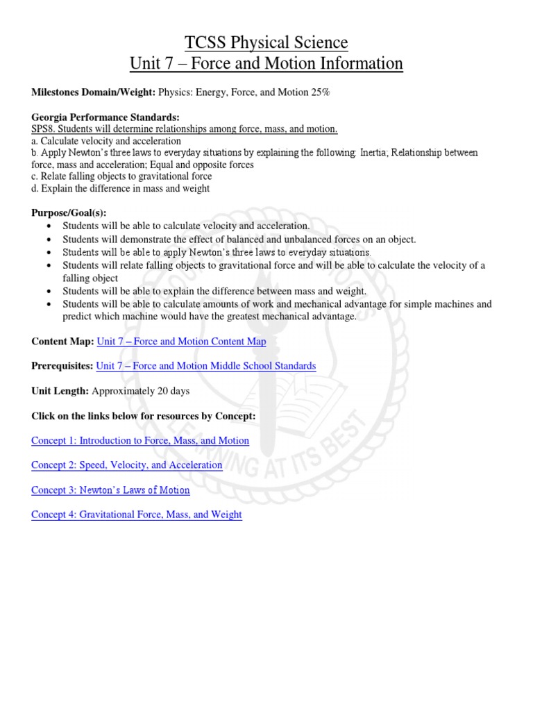 Unit 7 - Force and Motion Information School Pointe | PDF | Weight | Force