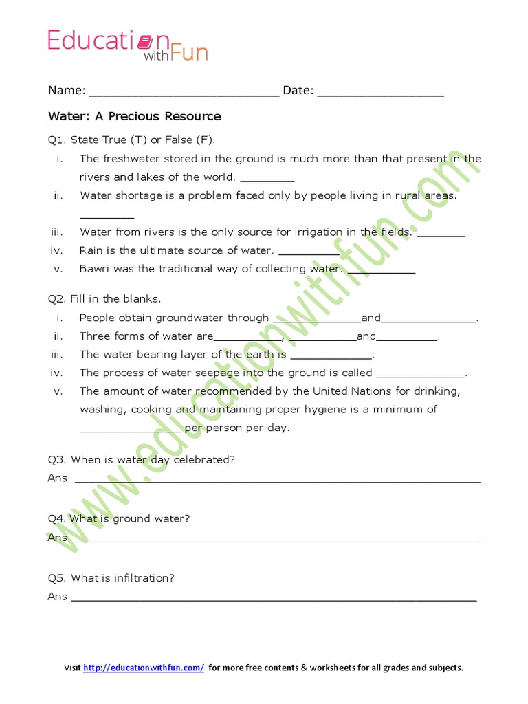 Water: A Precious Resource Worksheet | PDF | Water Scarcity | Groundwater