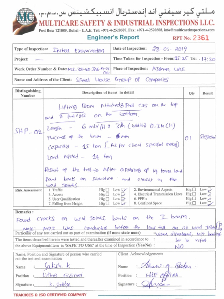Lifting Beam Inspection Report | PDF