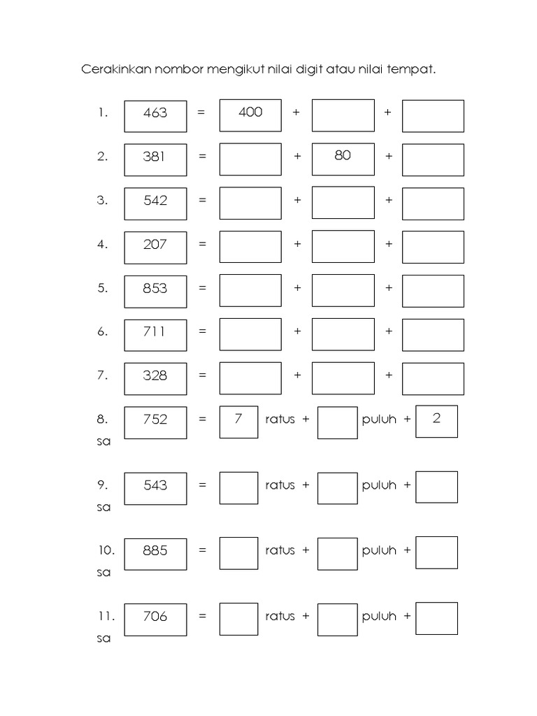 Latihan Matematik Tahun 1 Nilai Tempat Dan Nilai Digi 