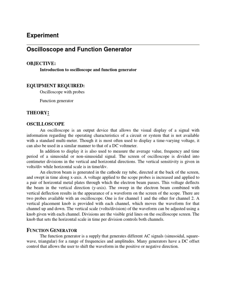 Oscilloscope and Function Generator Experiment | PDF | Voltage ...