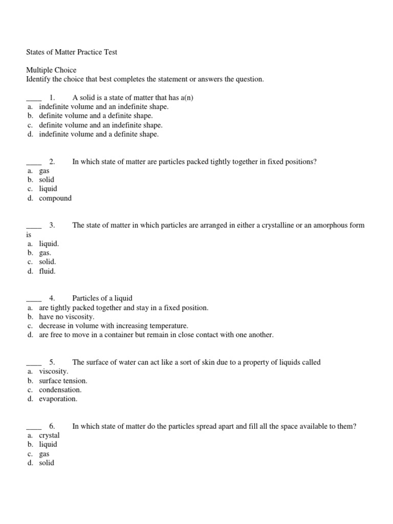 States of Matter Practice Test | PDF | Liquids | Latent Heat