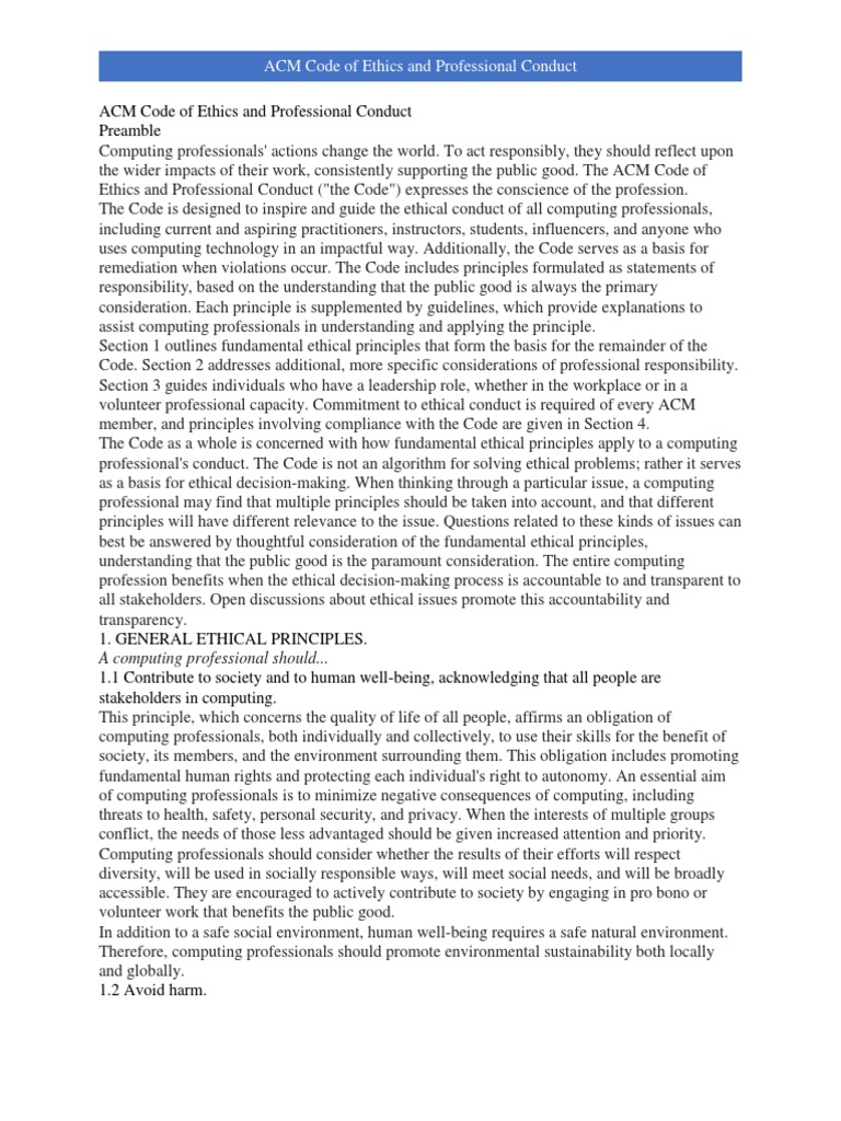 ACM Code of Ethics and Professional Conduct | PDF | Privacy | Evaluation