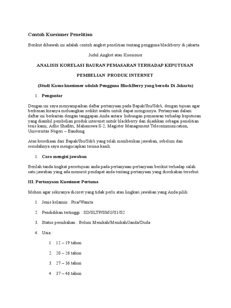 Contoh Kuesioner Penelitian Kuantitatif | PDF