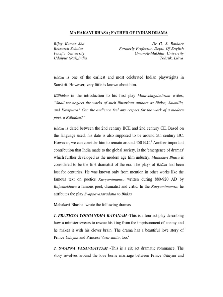 Mahakavi Bhasa Father of Indian Drama PDF | PDF | 1st Millennium Bc ...