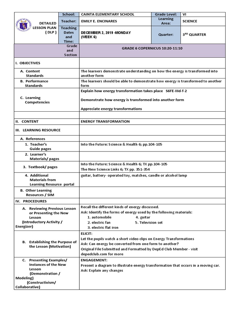 Energy Transformations Demonstrated | PDF | Lesson Plan ...