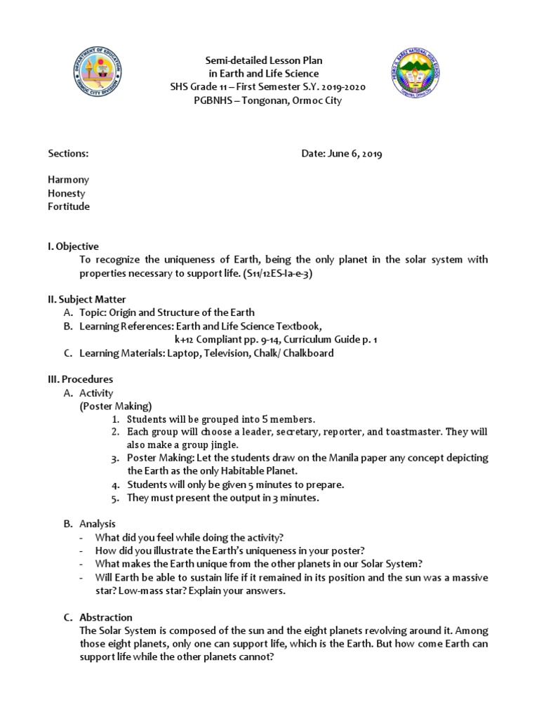 Lesson Plan in Uniqueness of Earth | PDF | Life | Planets