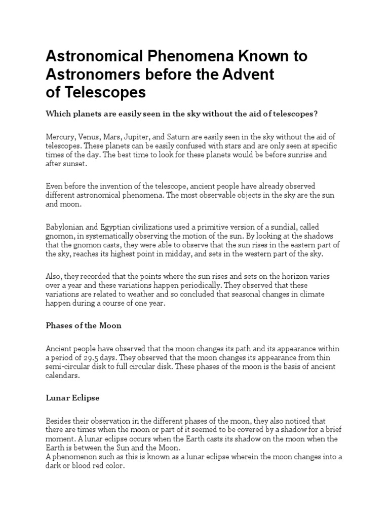 Astronomical Phenomena Known To Astronomers Before The Advent of | PDF | Eclipse | Moon