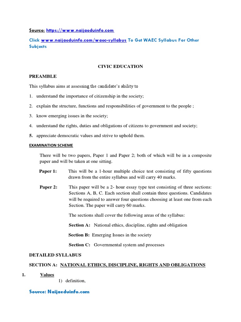 Civic WAEC-SYLLABUS-FOR-CIVIC-EDUCATION | PDF | Substance Abuse | Human ...