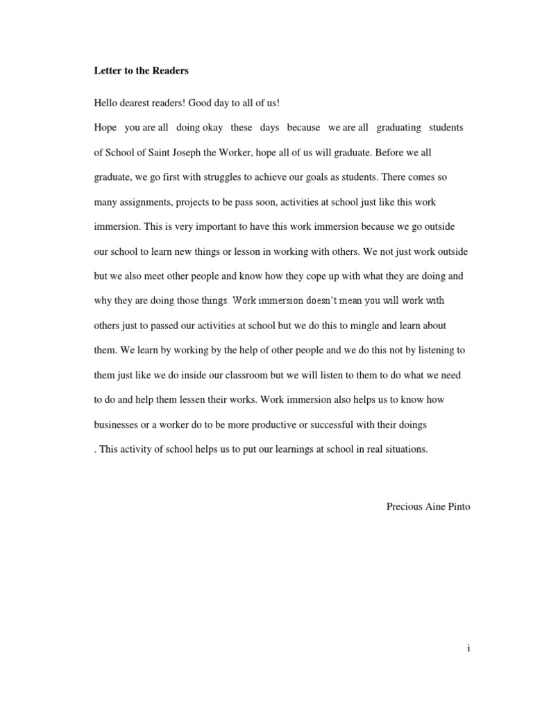 Letter To The Readers (Narrative Report) Work Immersion | Download Free ...