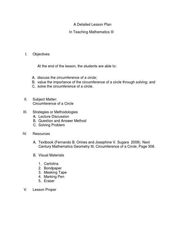 A Detailed Lesson Pla1 | PDF | Circle | Area