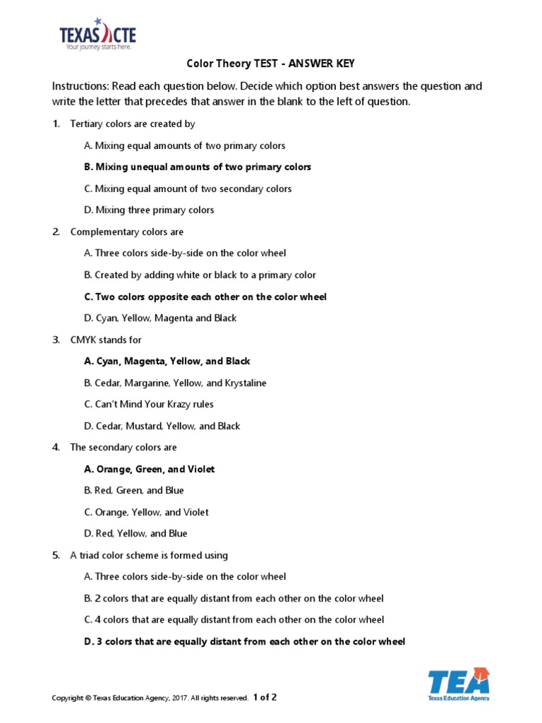 Color Theory Test - Answer Key | PDF | Magenta | Yellow