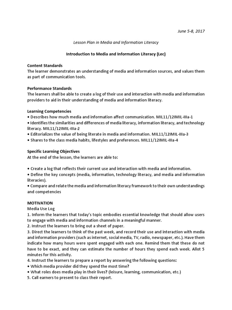 MIL Lesson Plan | PDF | Information Literacy | Literacy