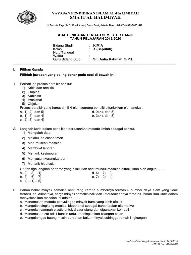 PTS Kimia Ganjil Kelas X IPA 1920 | PDF