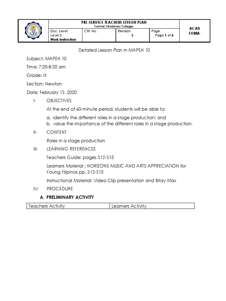 Detailed Lesson Plan in MAPEH 10 Roles in Stage Production | PDF ...
