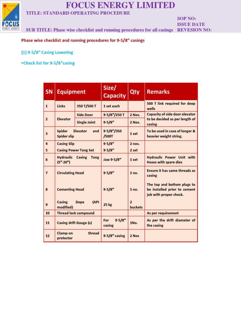Phase Wise Checklist and Running Procedures For 9-58 Casings | PDF ...