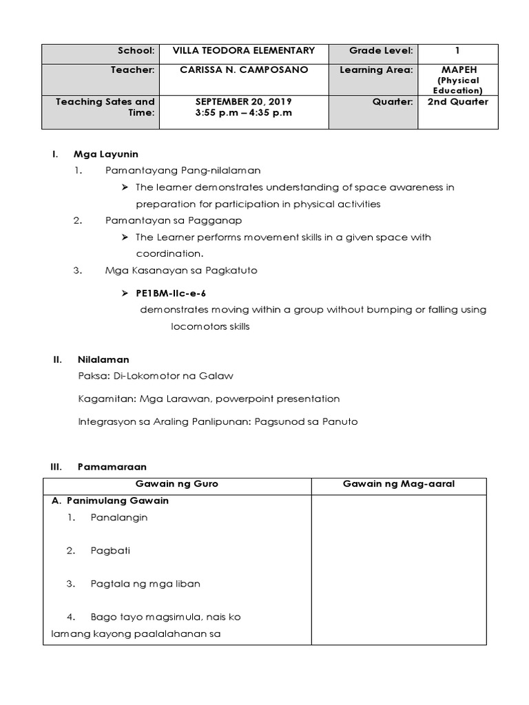 Banghay Aralin Sa P.E 1 (Non-Locomotor) | PDF