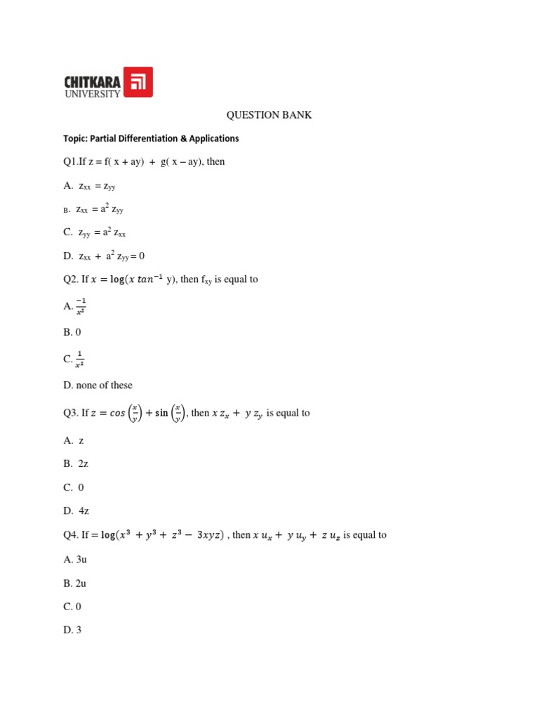 Partial Differentiation MCQ Question Bank | PDF | Maxima And Minima | Rates