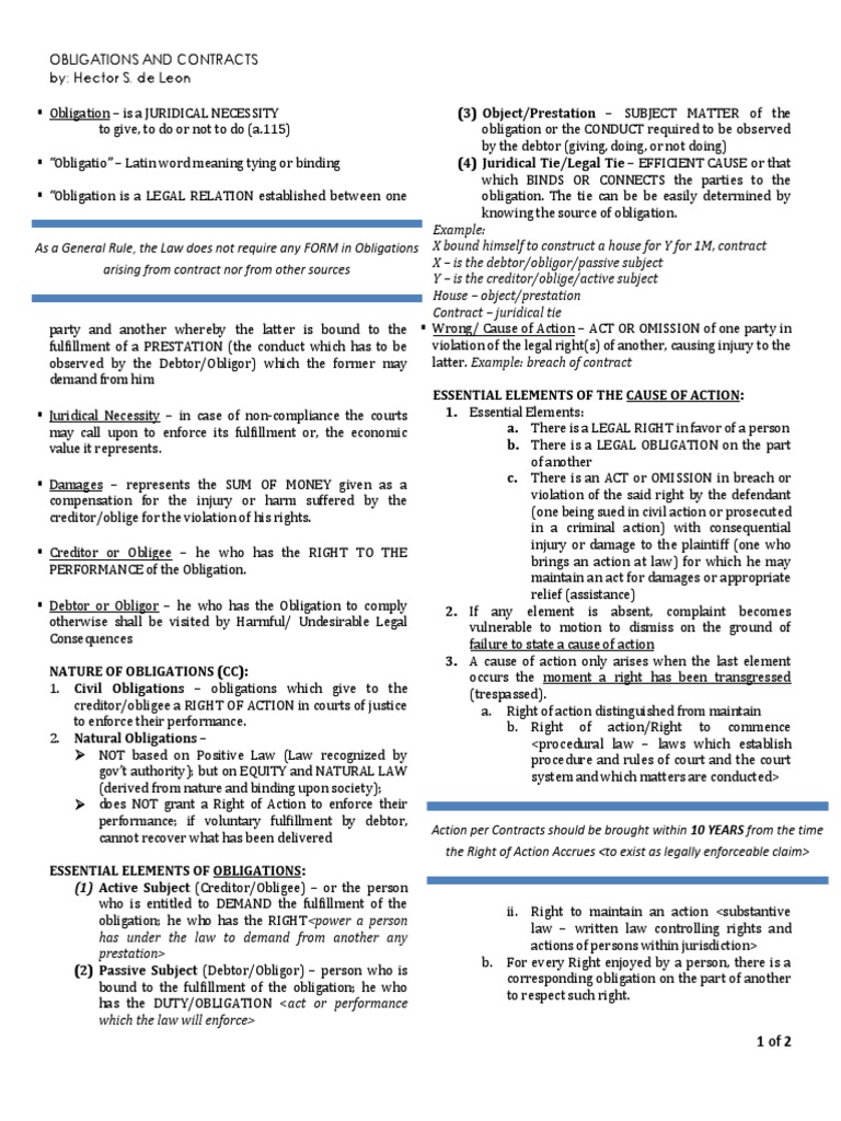 ObliCon Reviewer - Hector de Leon 2 Pages | PDF | Law Of Obligations ...