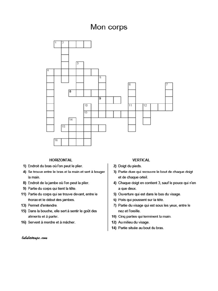 Mots Croisés - Le Corps Humain - Lulu La Taupe, Jeux Gratuits Pour ...