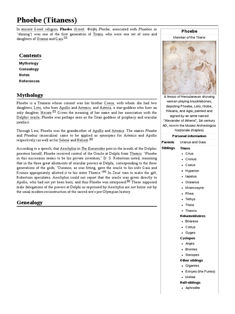 Phoebe (Titaness) | PDF | Greek Gods | European Mythology