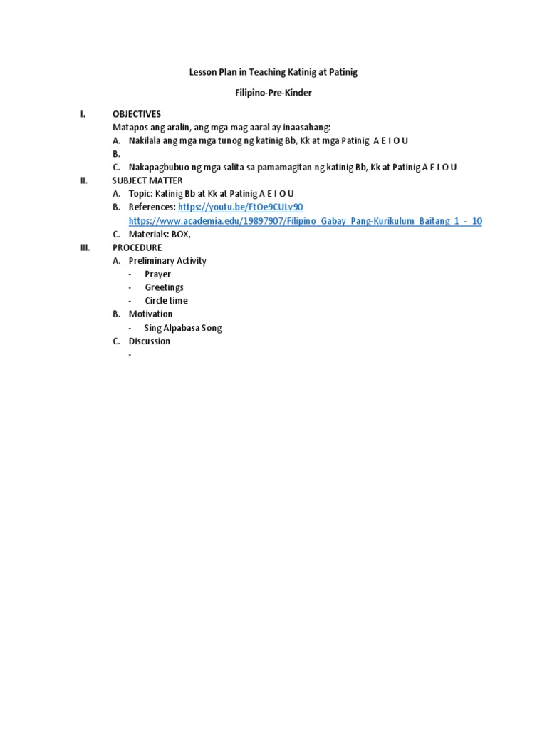 Lesson Plan in Teaching Katinig at Patinig | PDF