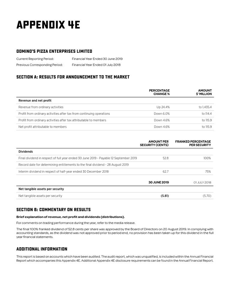 FY19 Appendix 4E Annual Report PDF | Download Free PDF | Domino's Pizza ...