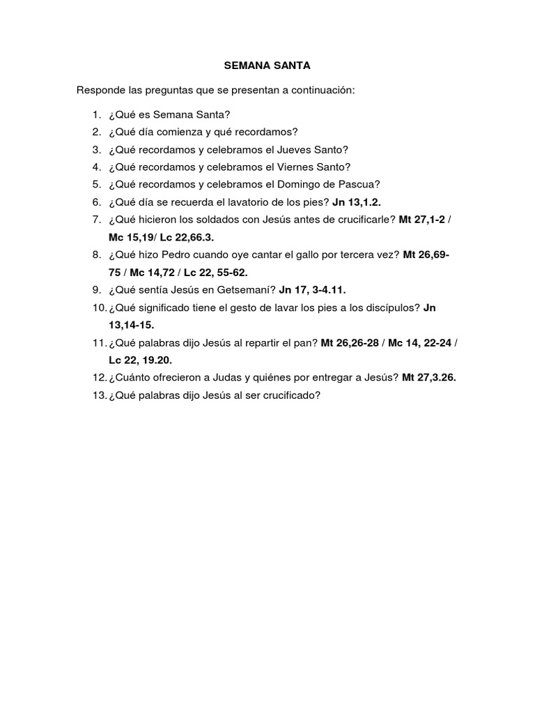 Cuestionario Semana Santa | PDF