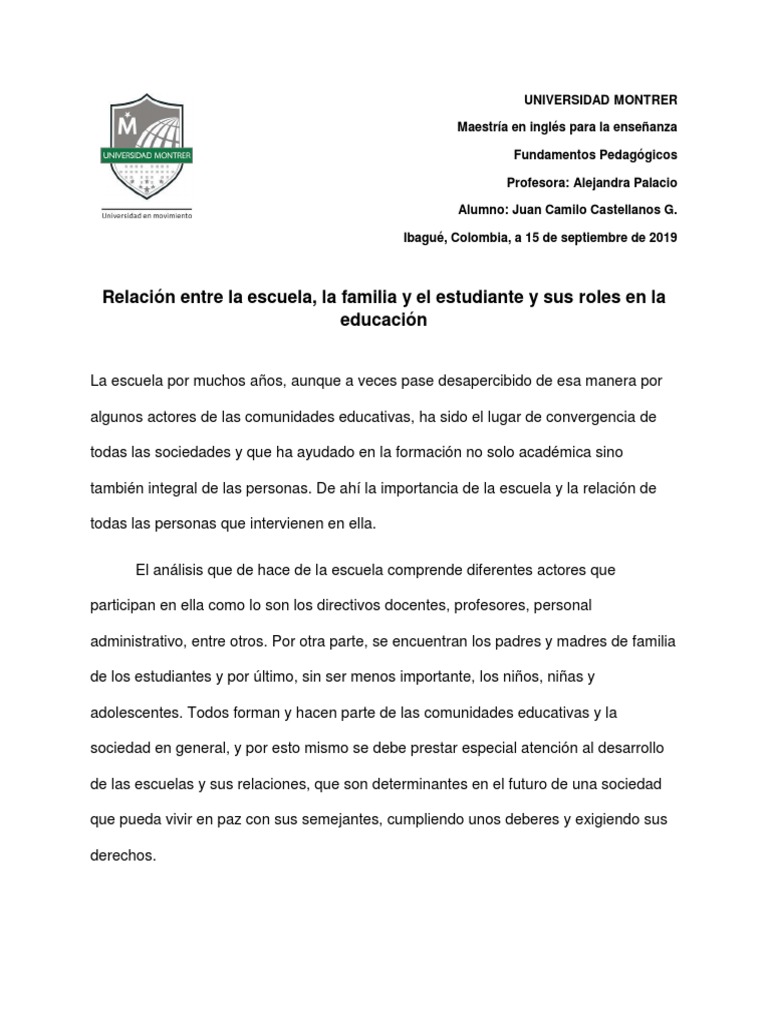 Ensayo Comparativo Rol Escuela, Familia y Estudiante. | PDF | Familia ...