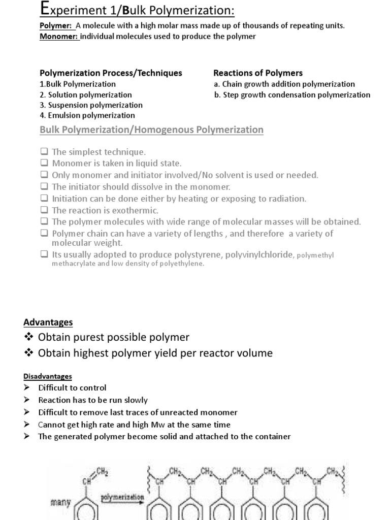 Experiment 1 Bulk Polymerization | PDF | Polymerization | Polymers