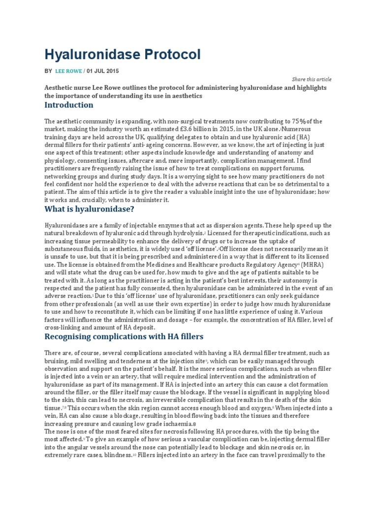 Hyaluronidase Protocol | PDF | Injection (Medicine) | Intravenous Therapy