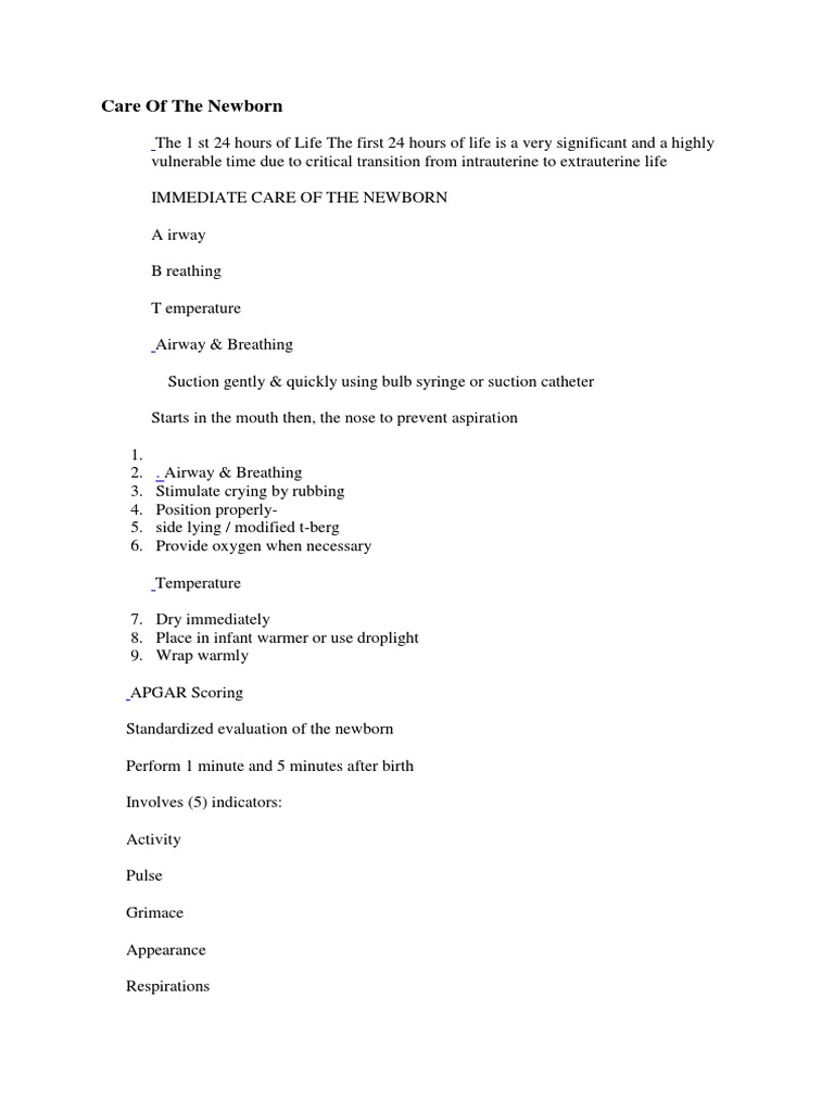 Care of The Newborn | PDF | Infants | Childbirth