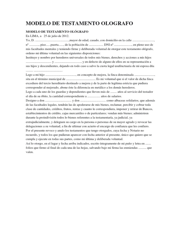 Modelo de Testamento Olografo | PDF | Voluntad y testamento ...