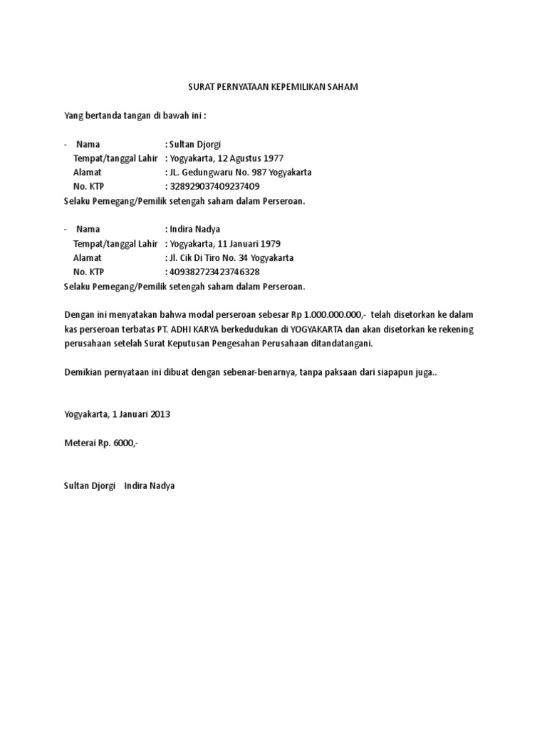Contoh Surat Pernyataan Kepemilikan Saham | PDF