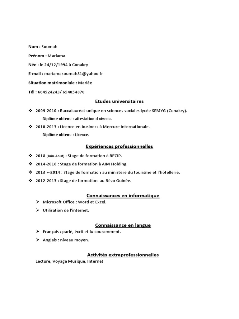 CV Mariama Soumah | PDF | Évolution de carrière