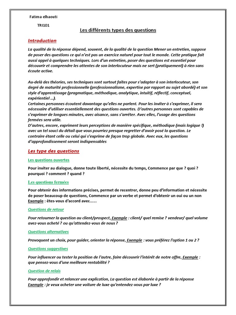 Les Différents Types Des Questions | PDF | Cognition | Sciences cognitives