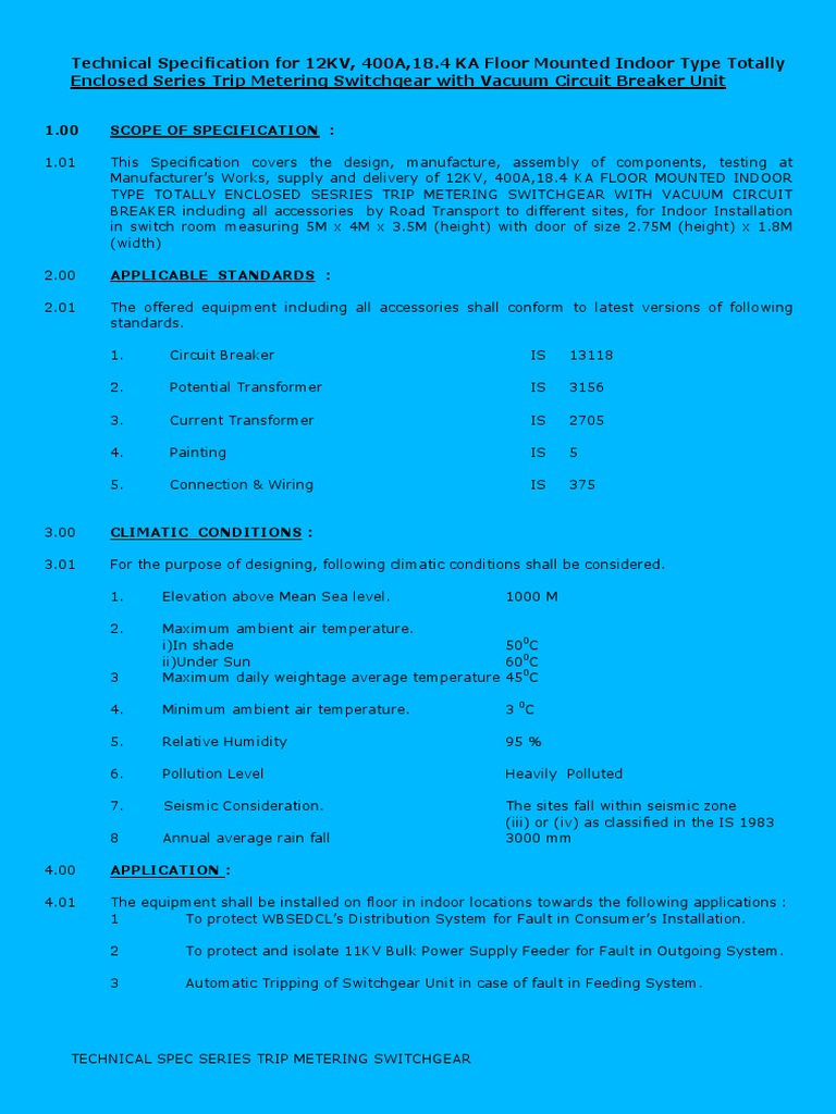 Spec of 11 KV Series Trip Metering Panel With VCB | PDF | Fuse ...