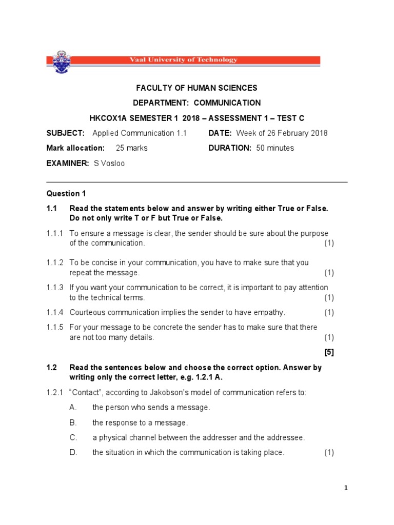 HKCOX1A Assessment 1 Test C | PDF | Test (Assessment) | Communication