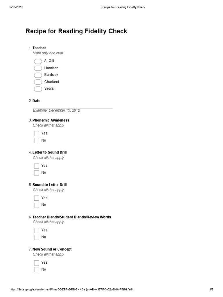 Recipe For Reading Fidelity Check - Google Forms | PDF