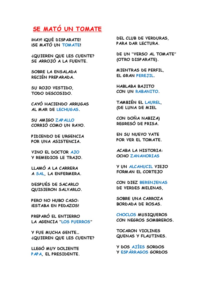 Se Mató Un Tomate (Poesia) | PDF