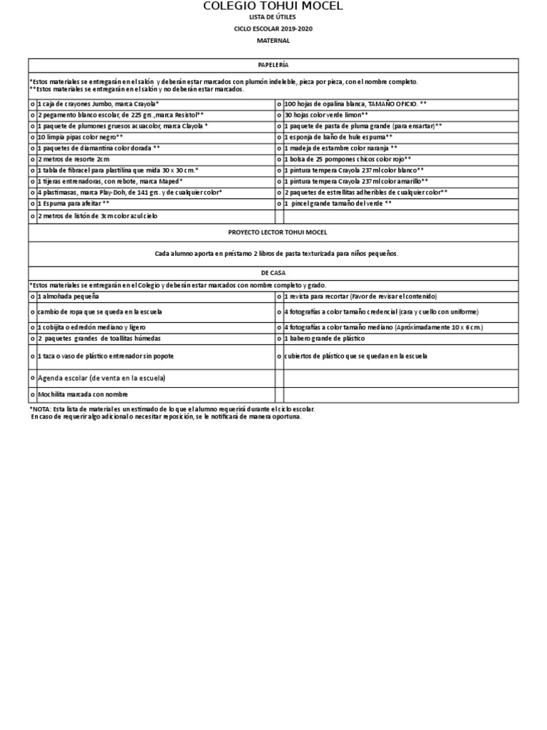 Listas de Útiles Tohui 2019-2020 Borrado | PDF | Lápiz | Color