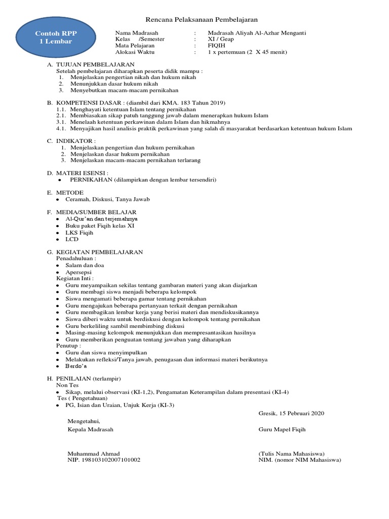 Contoh RPP 1 Lembar 15 Pebruari 2020 | PDF
