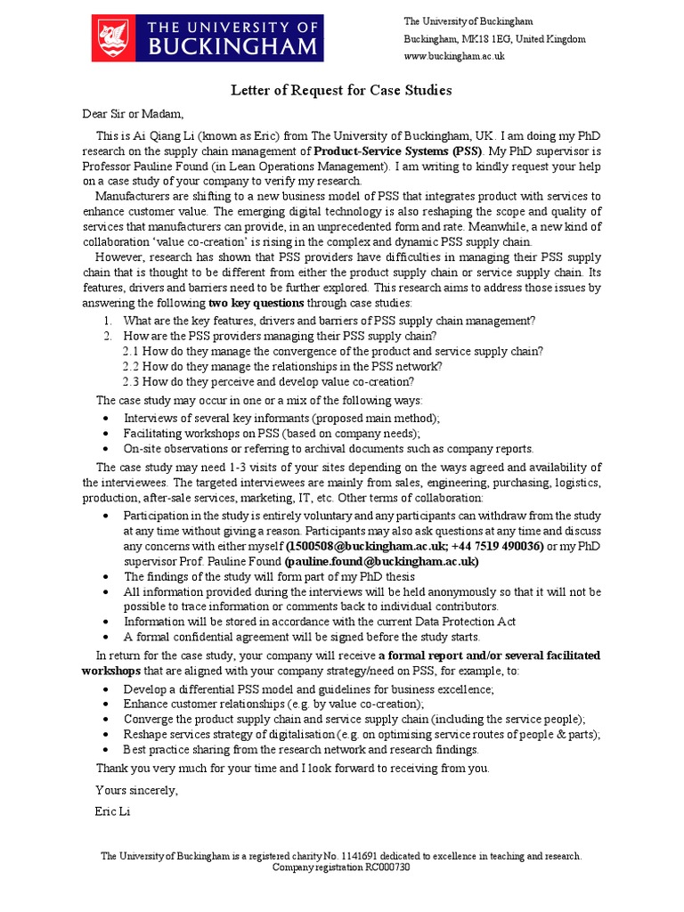 Letter of Request For Case Study - Eric Li - University of Buckingham ...