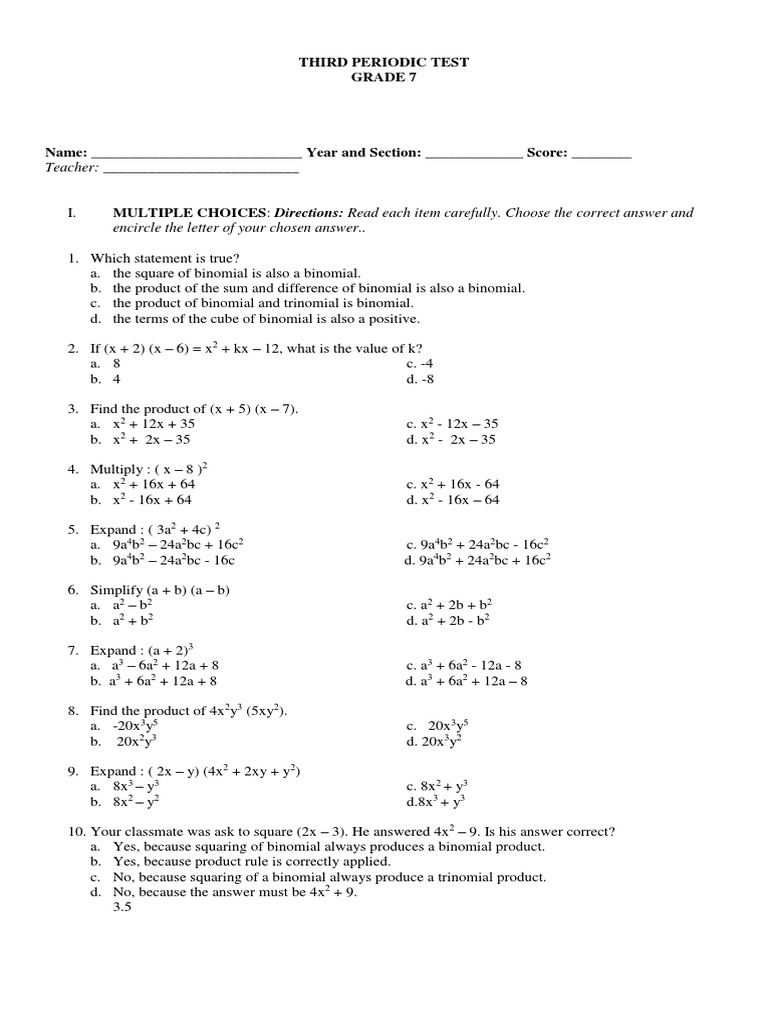 peRIODIC TEST GRADE 7 | PDF | Polynomial | Mathematics Of Computing