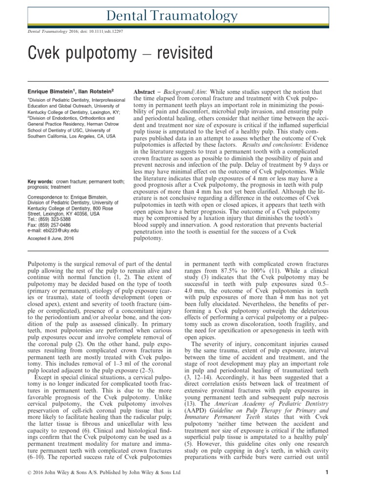 Cvek Pulpotomy - Revisited | PDF | Human Tooth | Dentistry Branches