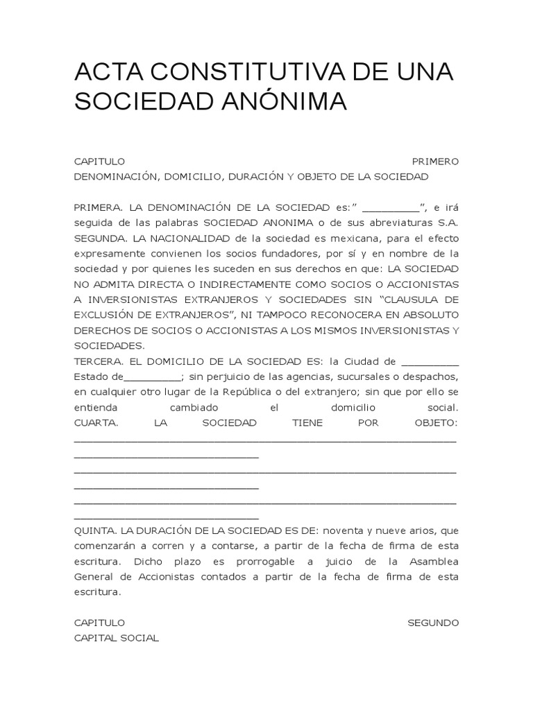 ACTA CONSTITUTIVA DE UNA SOCIEDAD ANÓNIMA (Ejemplo) | Sociedad de responsabilidad limitada ...