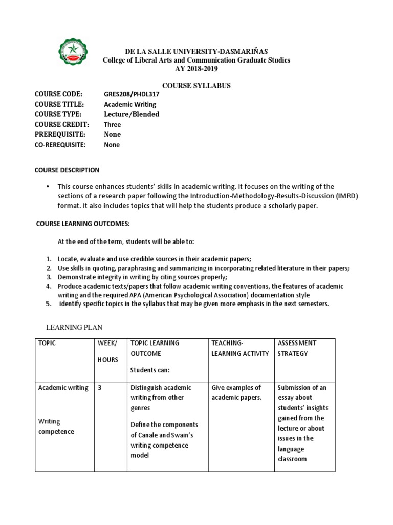Syllabus-Academic Writing Syllabus 2019-2020 | PDF | Lecture | Academic ...