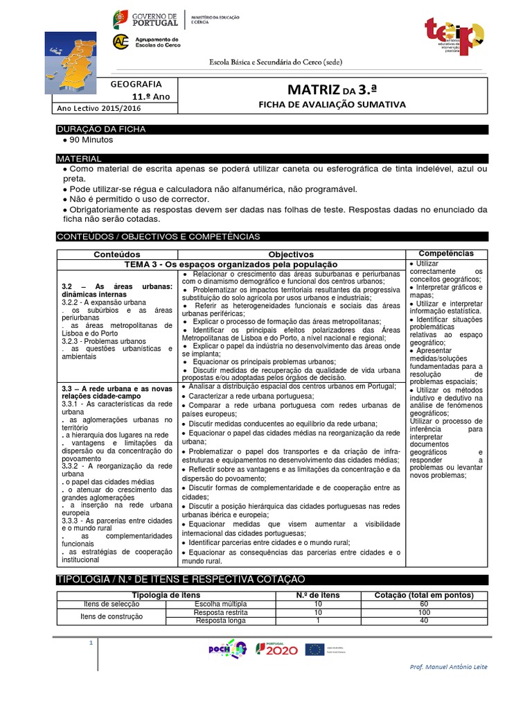 Matriz - 11ºano - 3º TESTE | PDF | Geografia | Portugal