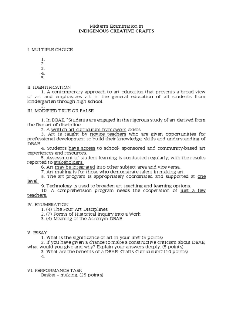 Indigenous Creative Crafts Midterm Exam | PDF